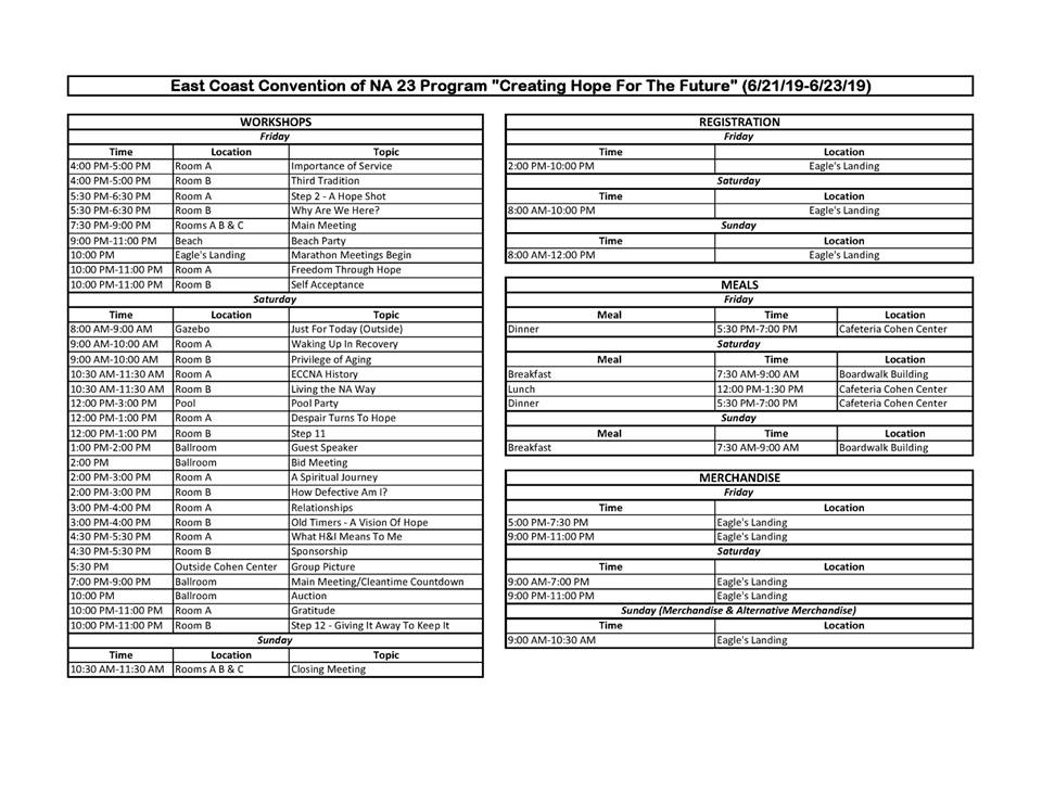 Schedule East Coast Convention Of Narcotics Anonymous Schedule East Coast Convention Of Narcotics Anonymous